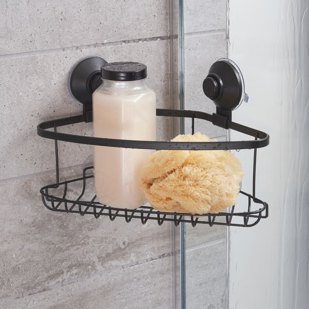 iDesign Everett Matte Black Push-Lock Suction Shower Corner Basket ...
